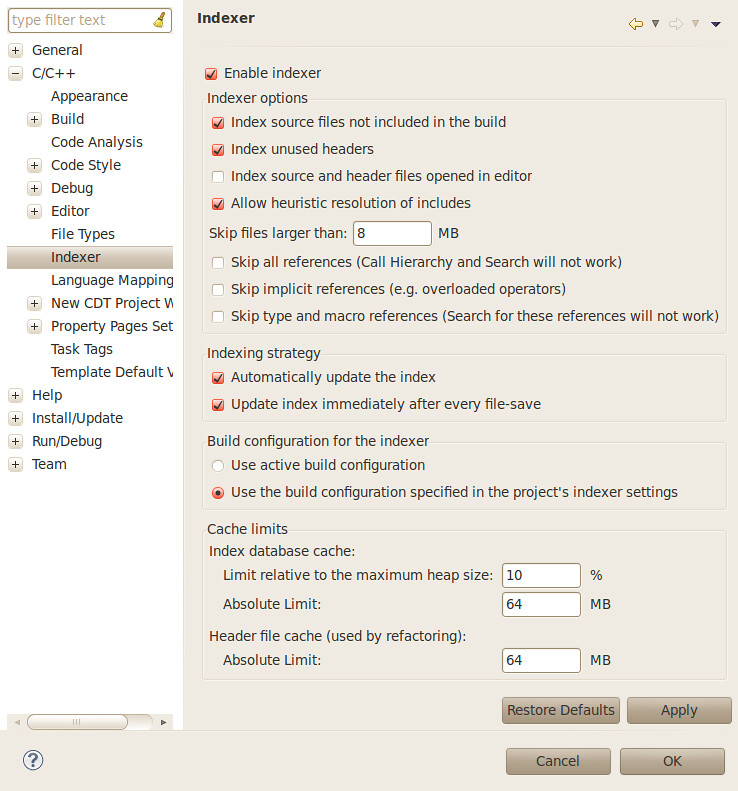 CDT Indexer Change History in Eclipse | 0x2B|~0x2B